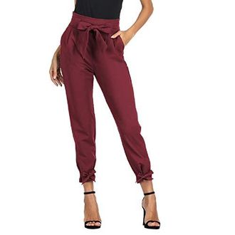 Grace Karin Mode Pantalon Femme Taille Haute Casual Travail Pantalon Crayon Carotte Ceinture Slim Jeggings Cinture Boeknot Vin Rouge XL CL903-8