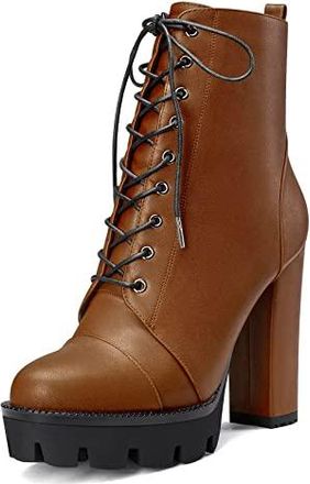 Castamere Femmes Haut High Talon Heel Plate-forme Bloc Chunky Rond Bout Bottines Lacets Fermeture &agrave; Glissi&egrave;re Bottes Marron 35 EU