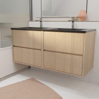 Aurlane Meuble de salle de bains 120 cm 4 Tiroirs Ch&ecirc;ne Clair + Vasque Double C&eacute;ramique Noire - XENOS