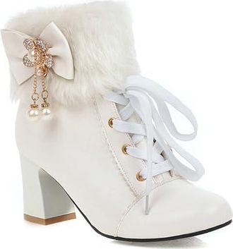 Generic Blanc,40 EU,Bottines à Lacets pour Femmes, Bout Rond, Talons Hauts et épais avec noeud, Bottines à Talons pour lautomne et lhiver, Chaussures habillée