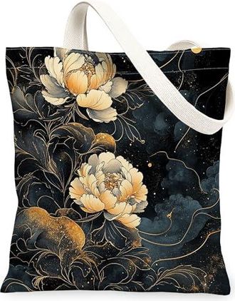 Generic Sac fourre-tout en toile &agrave; oeillets japonais pour le shopping, 33 x 38 cm, sac d&eacute;picerie r&eacute;utilisable pour femme, motif floral esth&eacute;tique, d&eacute;coration 