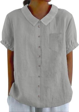 Generic Chemise boutonnée en lin pour femme, col claudine, vêtements mignons, chemisier dété décontracté à manches courtes avec poche, gris, 3XL