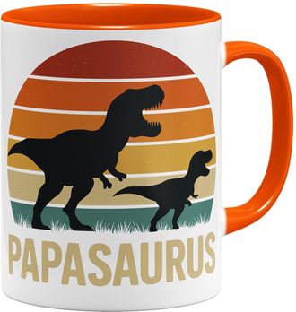 OM3 witzige Kaffee-Tasse mit Spruch - Papasaurus Rex Dino - Geschenkidee zum Vatertag - Keramik Becher - 325ml - Beidseitig Bedruckt - Orange