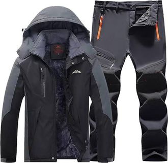 Generic Combinaison de ski pour femme et homme - 2 pièces - Vêtement de ski dextérieur - Coupe-vent - Avec capuche - Respirant - Veste softshell - Pantalon de