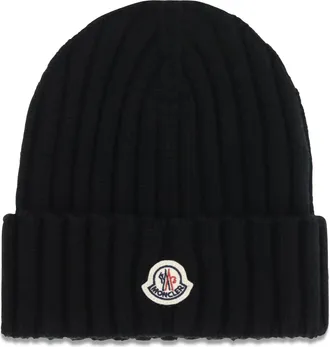 Moncler Womens Ribbed Wool Beanie Black Merino Hat