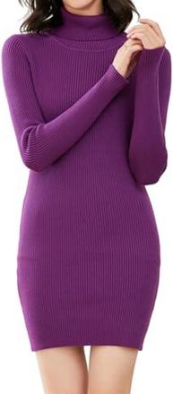 Minetom Robe Pull Femme Moulante Chaud Manches Longues Pullover Col Roulé Robe Tricoté Couleur Unie Automne Hiver Chandail Mini Robe A Violet M