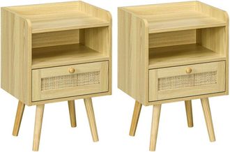HOMCOM Homcom - Lot de 2 chevets tables de nuit style bohème cannage - tiroir, niche - bois de pin effet bois clair