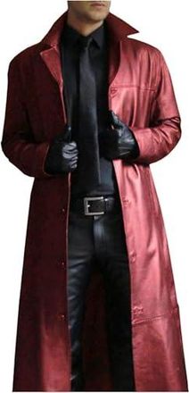 Generic Manteau long en cuir pour homme, style trench coat vintage, en similicuir, rouge, taille 4XL