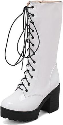 Generic Bottes d&eacute;quitation mi-claf &agrave; lacets pour femme avec plateforme &eacute;paisse et bout rond - Chaussures punk avec fermeture &eacute;clair lat&eacute;rale, blanc, 37.5 EU