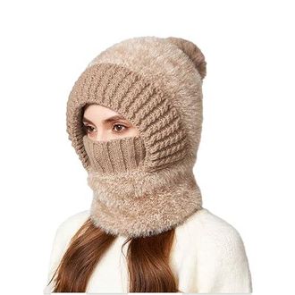 Generic Capuche en tricot thermique pour femme - Chapeau dhiver doubl&eacute; en polaire, cache-cou et couverture de visage Combo Bonnets &eacute;charpes Masque avec cache-