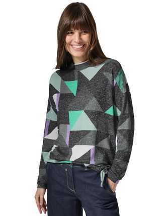 Cecil Damen B322380 Multi AOP Viscose T-Shirt, Black Melange, L EU