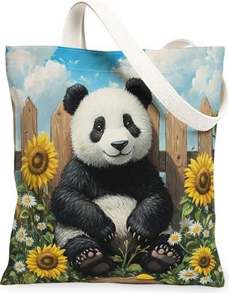 Generic Sac fourre-tout en toile motif panda printanier pour faire du shopping, 33 x 38,1 cm, motif tournesol, cl&ocirc;ture animali&egrave;re, sac d&eacute;picerie r&eacute;utilisable,