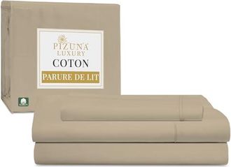 Pizuna Coton Luxueux Parure de Lit 90x200 cm Simplement Taupe, Tissu de Satin de Coton &agrave; 800 Fils au Pouce carr&eacute; Comprend 1 Drap Housse, 1 Drap Plat, 1 Taie 