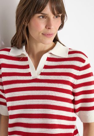 Cecil Poloshirt CECIL, Damen, Gr. XXL (46), glazed apple rot, Web, 100% Baumwolle, gestreift, normal normal, hoch geschlossener Ausschnitt, Rippb&uuml;ndchen, Sh