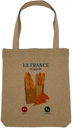 Fabulous Sac Shopping Tote Bag Aspect Lin - La France MAppelle Baguette Croissant Clich&eacute; - Sac de Courses Toile Epaisse 360g Beige Naturel Cabas Port&eacute; Epaule S