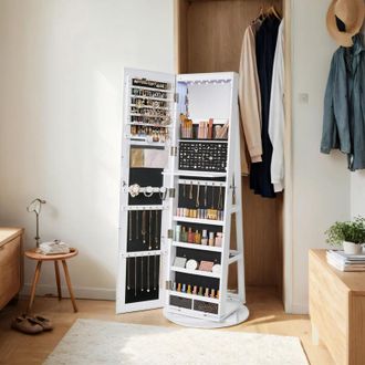 Songmics Armoire &agrave; Bijoux sur Pieds, Miroir Psych&eacute; sans Cadre, Verrouillable, 6 LED, Pivotant 360&deg;, 3 &Eacute;tag&egrave;res, Surface en Blanc, Doublure en Noir