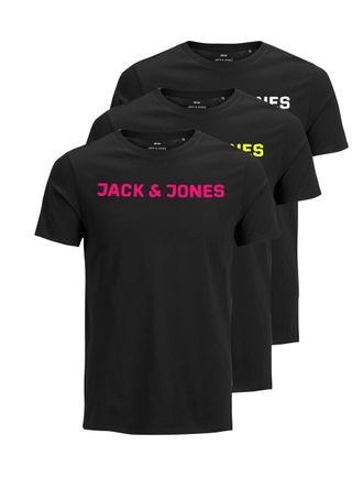 Jack & Jones Herren JJECORP Logo Tee SS Crew Neck 3er Pack Kurzarm T-Shirt, Pack A, 3X Schwarz mit Neon, XXXL