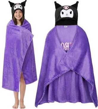 Hello Kitty Sanrio Couverture &agrave; Capuche Fille et Ado, Kuromi Cinnamoroll Plaid Polaire Chaud et Doux pour se Blottir, Kawaii Cadeau Anime (Violet Kuromi)