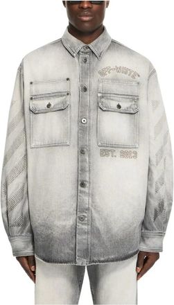 Off-white Homme, Chemises, Gris, Taille: M Surchemise militaire en denim &agrave; broderies diagonales
