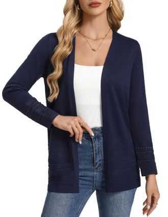 Grace Karin Damen Langarm Leicht Strickjacke Elegant Durchbrochenem Muster Offene Front Lange Cardigan Blazer Marineblau XL