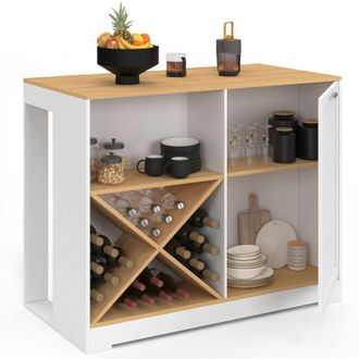 IDMarket Table de bar &icirc;lot VITO 113 cm avec range-bouteilles bois blanc et plateau fa&ccedil;on h&ecirc;tre