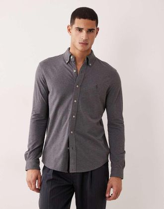 Polo Ralph Lauren Pikee-Hemd in meliertem Anthrazit mit Button-down-Kragen und Markenlogo-Grau