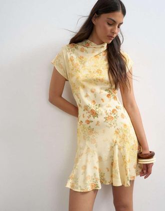 Topshop Robe en viscose &agrave; mancherons et imprim&eacute; fleuri vintage-Jaune