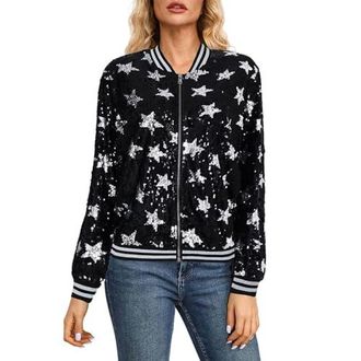 Generic Veste noire &agrave; paillettes pour femme - Manteau &agrave; paillettes &agrave; la mode imprim&eacute; avec &eacute;toiles scintillantes d&eacute;contract&eacute; bomber scintillant l&eacute;ger pour sort