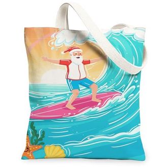 Generic Sac fourre-tout en toile motif P&egrave;re No&euml;l Surf - R&eacute;utilisable - L&eacute;ger - Lavable - Bandouli&egrave;re, bleu, 13x15 Inch