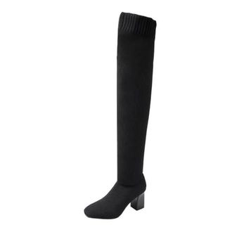 Generic Bottes hautes en tricot extensible pour femme - &Eacute;l&eacute;gantes - Couleur unie - Bout pointu - Talon &eacute;pais - Confortables - &Agrave; enfiler au-dessus du genou - S
