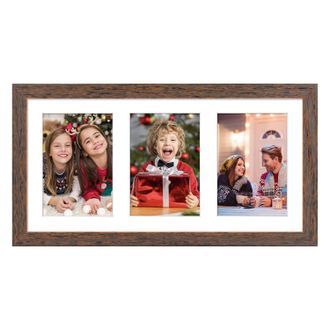 Golden State Art Bilderrahmen f&uuml;r 3 Bilder &agrave; 12.7 x 17.8 cm, mit S&auml;gezahnaufh&auml;nger, drehbare Laschen, Wandmontage, Echtglas, Collage-Rahmen 9x18 Holz - Used-Braun mit 