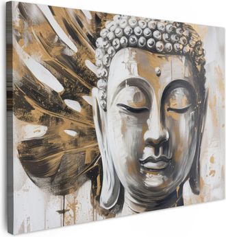 MuchoWow © Leinwand Bilder 80x60 cm Wanddeko Wohnzimmer Aesthetic Room Decor Deko Zimmer Wandbilder Modern Bild auf Leinwand Buddha - Zen - Aquarell - Blätter 