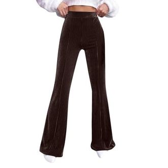 Generic Pantalon dhiver en velours pour femme avec taille &eacute;lastique, pyjama ray&eacute; pour femme, pantalon en satin, caf&eacute;, XL