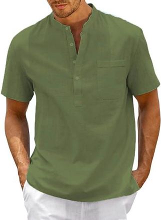 Generic Chemise en lin pour homme &agrave; manches courtes - Chemise d&eacute;t&eacute; en coton - Chemise de travail respirante avec boutonni&egrave;re - Chemise sur pied - Chemise surd