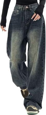 Generico Pantalon Baggy Jeans Femme D&eacute;t&eacute; Pantalon Large Leg Casual Pantalon Denim &agrave; la Mode Jambe Large Pantalon Vintage avec Poches Jambe Droite Jeans et Fill