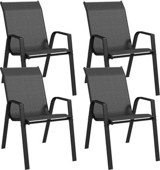 OUTSUNNY Lot de 4 chaises de jardin empilables - accoudoirs - design - acier époxy noir résine tressée grise