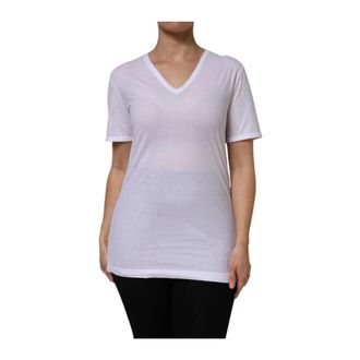 Dolce & Gabbana Wei&szlig;es Baumwoll-Logo V-Ausschnitt T-Shirt - - Tops - Damen - Wei&szlig; - S