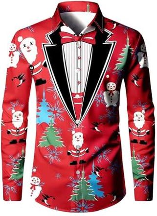 Generic Chemise de Noël pour homme - Fausse cravate boutonnée - Manches longues - Imprimé graphique - Fantaisie - Festival - Vacances - Fêtes décontractées - 