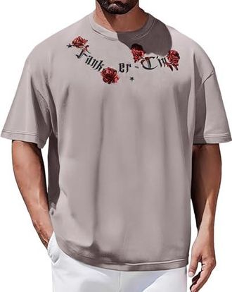 Generic 2026 Saint-Valentin europ&eacute;enne rose broderie lettre hommes d&eacute;contract&eacute; tendance l&acirc;che col rond manches courtes t-shirt, gris, 3XL
