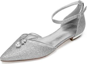 Generic Mariage &Agrave; Bout Ferm&eacute; Brillants Chaussures Plates Mari&eacute;e &Agrave; Bout Pointu pour Femmes Robe Cheville Plates 1.8Cm,Argent,36 EU