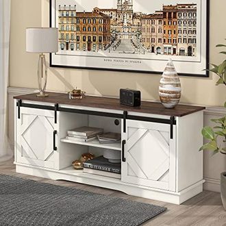 Furniture R Großer TV-Schrank TV Stand Sideboard Entertainment Center mit 2 klassischen Schiebetüren Einstellbare Regale für Wohnzimmer Esszimmer Landhaus Moderne
