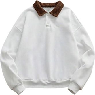 Generic Sweat &agrave; manches longues et col polo pelucheux pour homme : coupe d&eacute;contract&eacute;e, couleur unie, super doux, chaud, d&eacute;contract&eacute;, sans repassage, haut de g