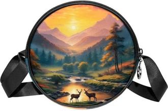 Generic Sac &agrave; bandouli&egrave;re Circle pour femme, petit sac &agrave; bandouli&egrave;re Art Mountain Deer avec fermeture &eacute;clair, bretelles r&eacute;glables, sac &agrave; main rond d&eacute;contract&eacute;
