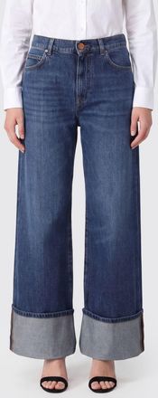 Pinko Jean large en denim de coton &agrave; taille haute avec revers et logo Love Birds