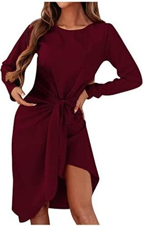 Generic Robes amincissantes pour femmes, robe &agrave; col en V, manches longues, extensible, fendue, taille l&eacute;g&egrave;re, mince, couleur unie, mi-longue, swing de soir&eacute;e,