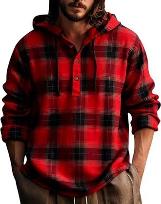 Generic Sweat &agrave; capuche &agrave; carreaux tendance pour homme - T-shirt d&eacute;contract&eacute; &agrave; manches longues avec poche poitrine - Chemise boutonn&eacute;e avec cordon de serrage 