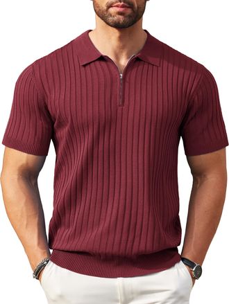 Coofandy Poloshirt Herren Kurzarm Golf Polohemd mit Rei&szlig;verschluss Strick Slim Fit Sport M&auml;nner Polos Weinrot XXXL