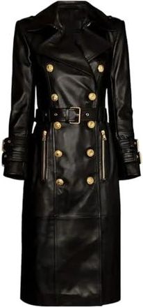 Generic Trench en cuir PU noir pour femme - Double boutonnage revers crant&eacute; ceinture veste mi-longue veste dext&eacute;rieur, Noir, M