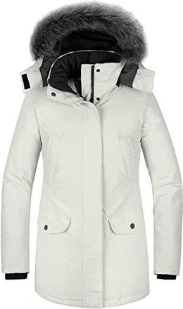 Wantdo Femme Manteau dhiver Chaud Puffer Blouson Longue Epaisse avec Capuche Fourrure Amovible Parka dhiver Décontracté Slim Fit Blanc XL