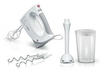 Bosch Handr&uuml;hrer MFQ3540, Handr&uuml;hrger&auml;t, 2 R&uuml;hrbesen, 2 Edelstahl-Knethaken, sp&uuml;lmaschinengeeignet, 5 Stufen, P&uuml;rierstab, Mixbecher, 450 W, wei&szlig;